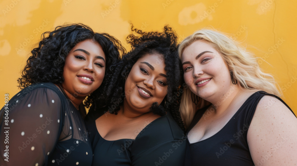 Portrait of multiethnic plus size women having fun on yellow background ...