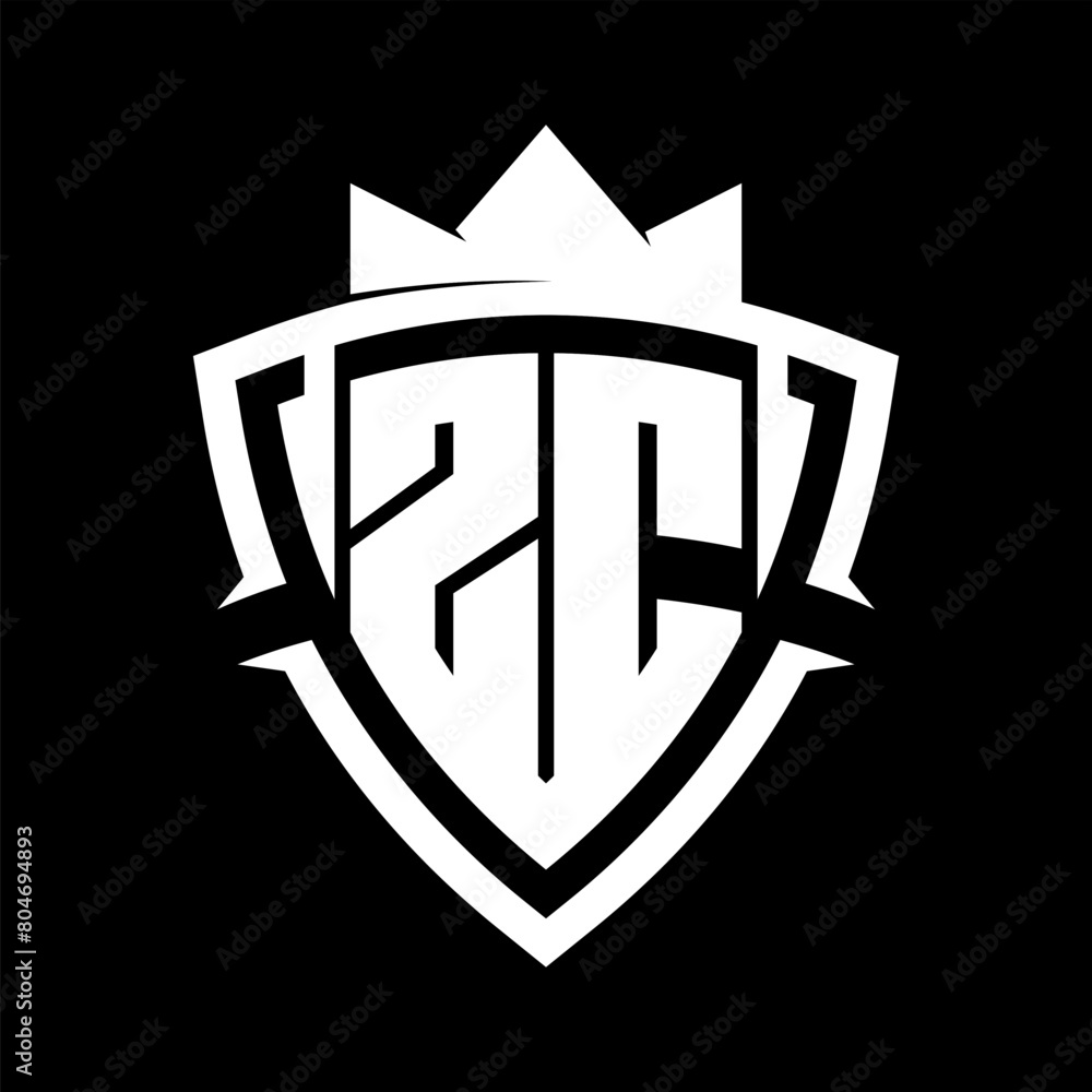 ZC Letter monogram with triangle curve shield shape with crown white and black background color ...