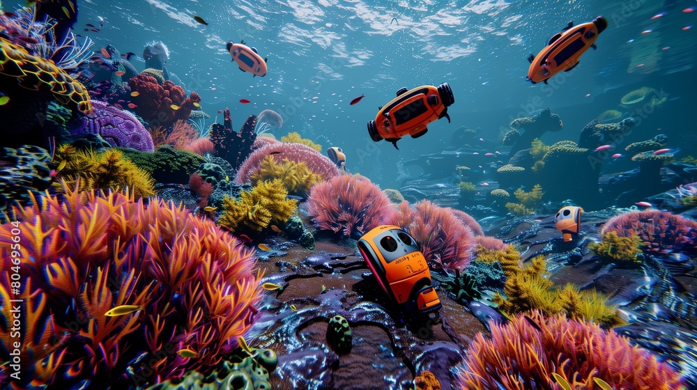 A swarm of underwater robots exploring a vibrant coral reef, collecting ...