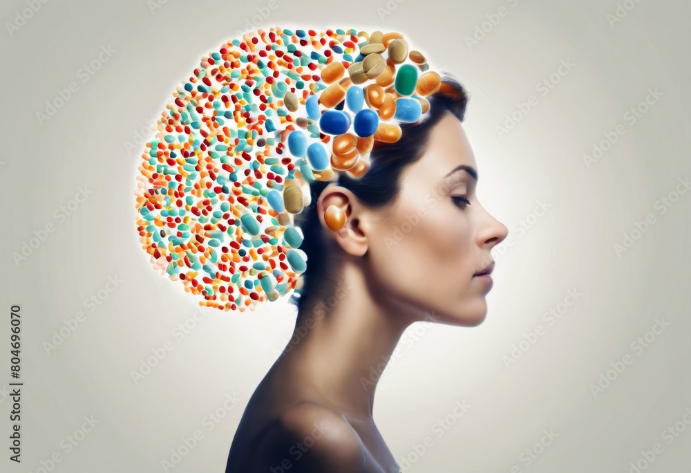 'health concept head vitamin medicine Woman capsule mental supplement ...