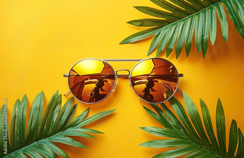 Trendy Summer Sunglasses with Mirror Reflection and Palm Leaves on ...