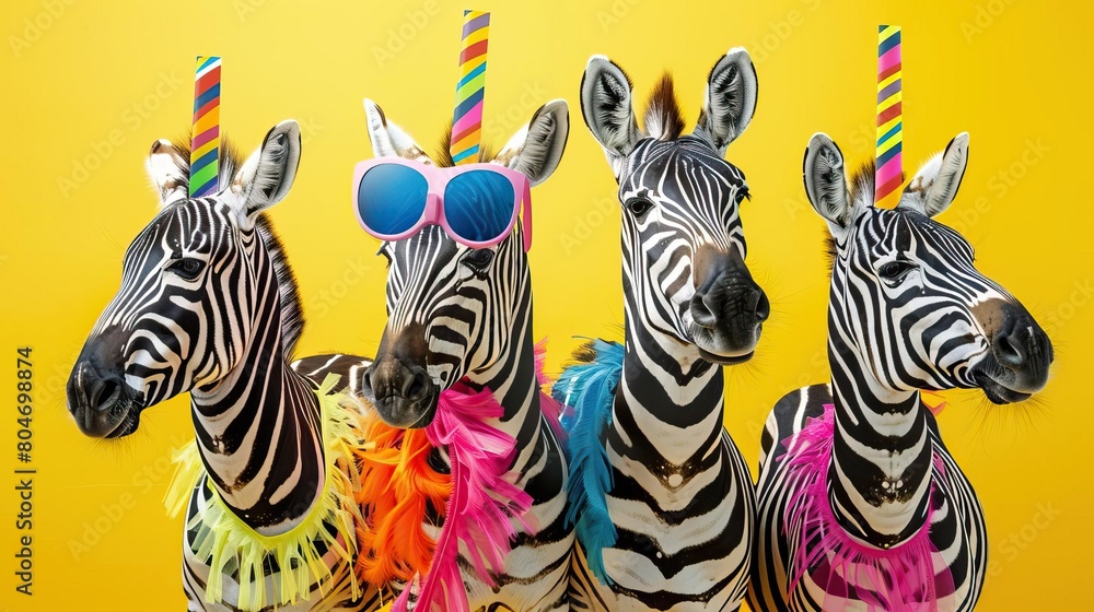 Four zebras wearing party hats and sunglasses, with rainbow unicorn ...
