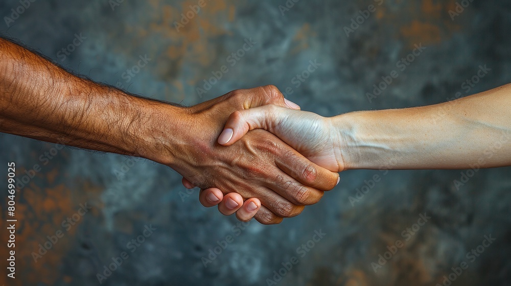 Closeup photo of two hands arms handshake different race multinational ...