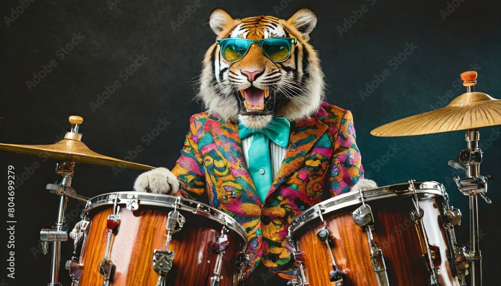 tiger playing drums in colorful retro suit with sunglasses like a ...
