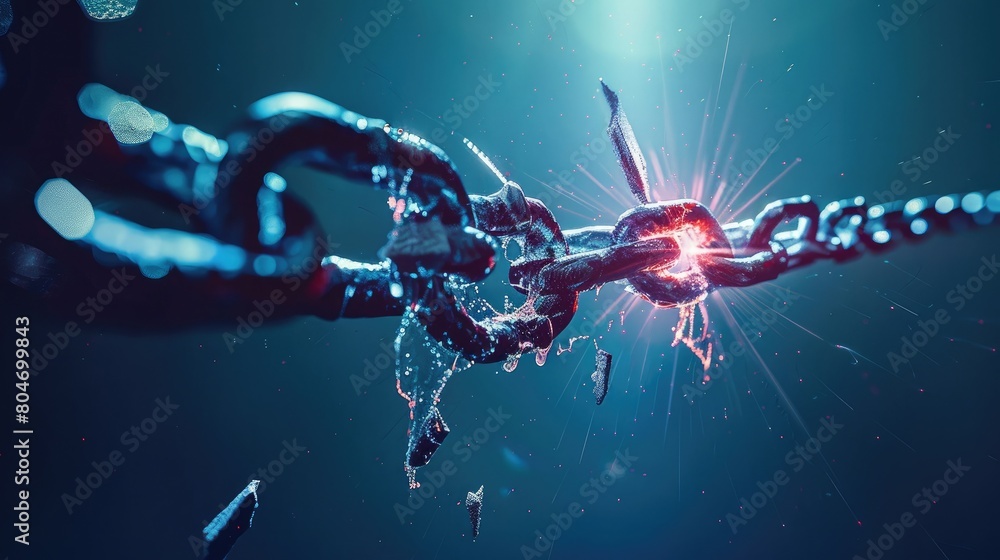 A digital chain breaking. Cybersecurity concept. Zeroes and ones ...