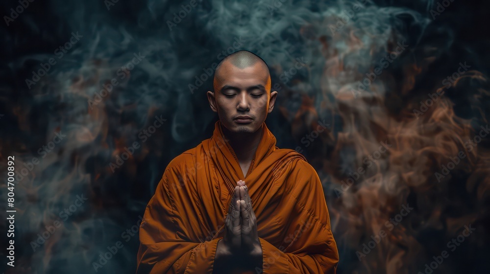 Ethnic male monk in brown religious robe with eyes closed meditating ...