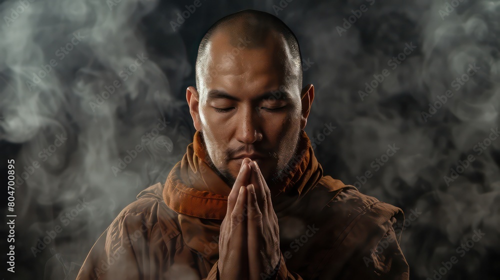 Ethnic male monk in brown religious robe with eyes closed meditating ...