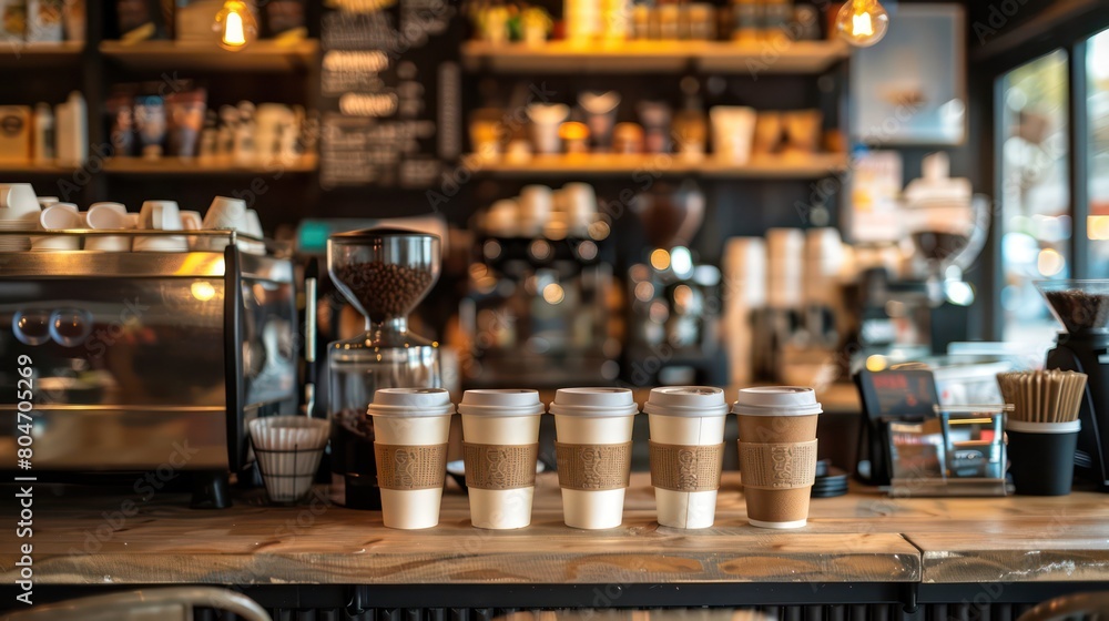 Freestanding line of filled takeaway coffee cups ready for busy ...
