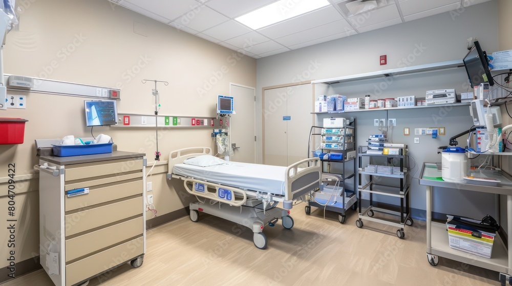 This medical setup shows a room in a hospital with a neatly arranged ...
