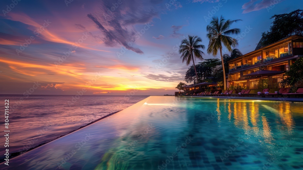 This image displays a breathtaking infinity pool by the beachside with ...