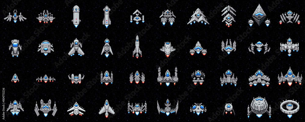 Pixel art space fleet. Retro 8-bit spaceship icons, vintage video game ...