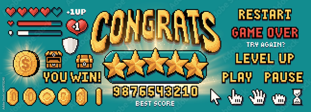 Pixel art game UI elements. Five stars rating, best score numbers ...