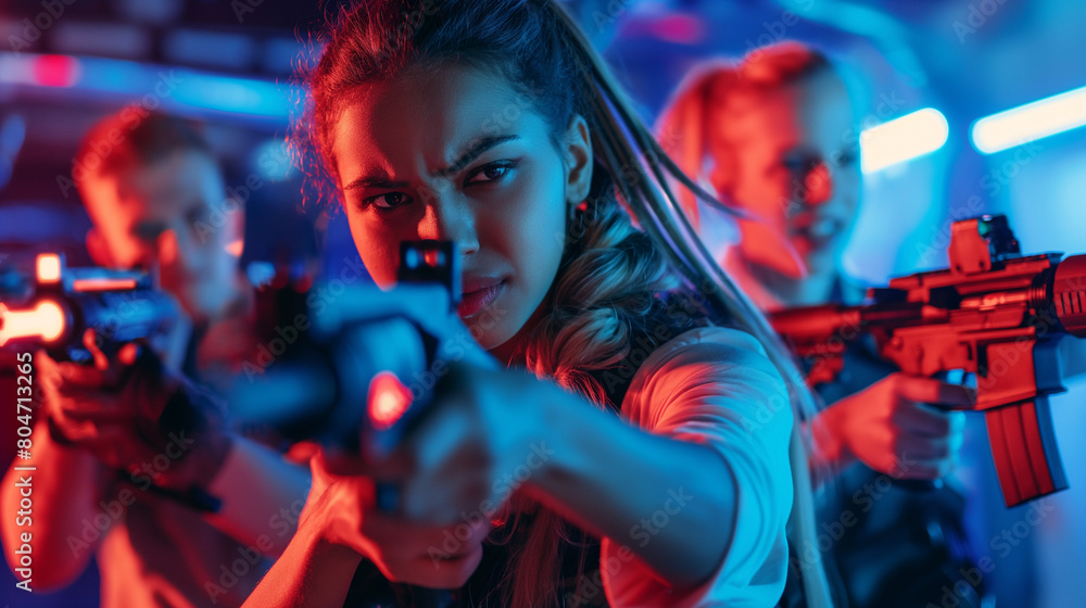 Team members engaging in a friendly game of laser tag, strategizing and ...