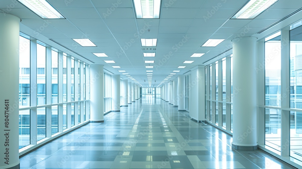 This image captures the symmetry and perspective of an empty office ...