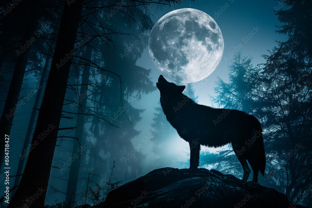 Wolf Howling at the Full Moon in Forest. A dramatic scene depicting a silhouetted wolf howling ...