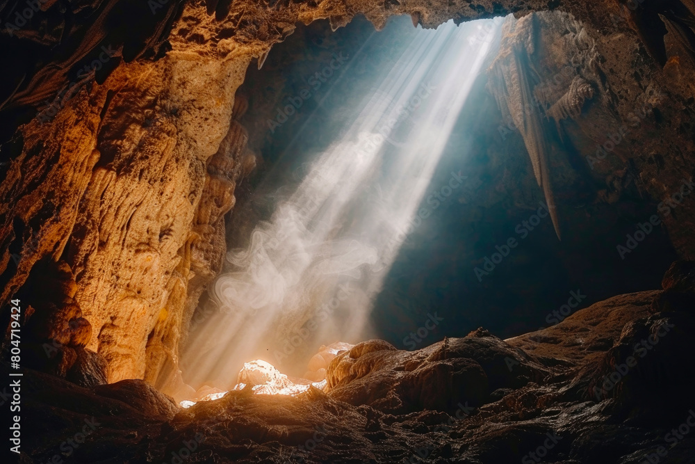 Dark cave with bright light from exit, inside wild red mountain cavern ...