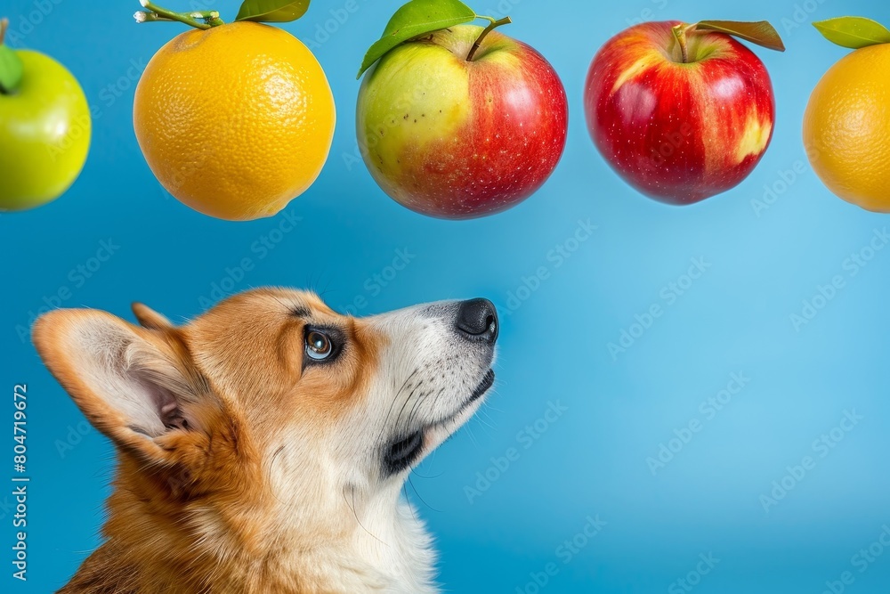 A corgi dog looking at low hanging fruit on a blue background. Red ...
