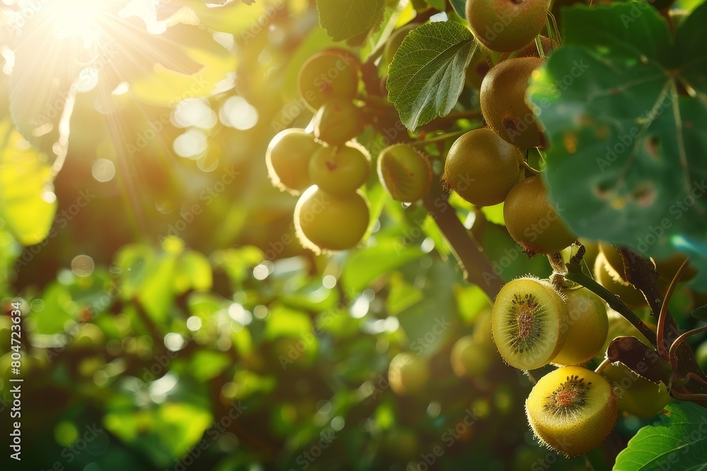 Kiwi picking season. Kiwi on a kiwi tree plantation with with huge ...