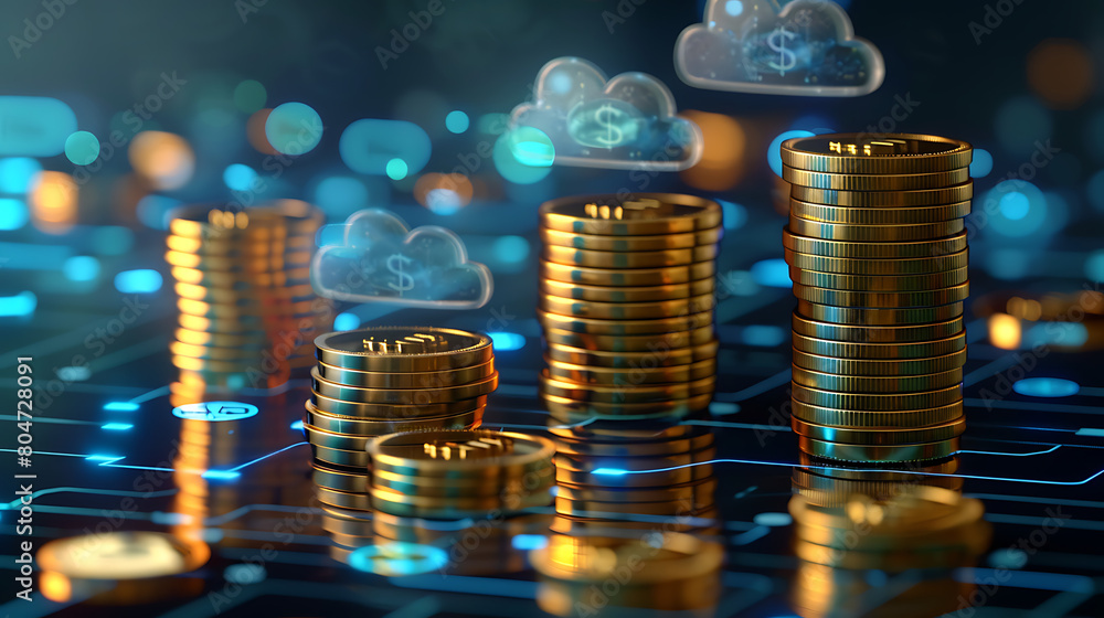 Coin Stacks: The image features multiple stacks of golden coins. These ...