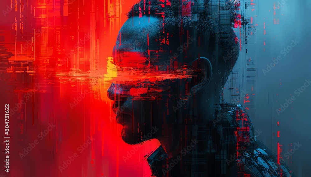 Craft a digital, glitch art animation style at eye-level angle ...