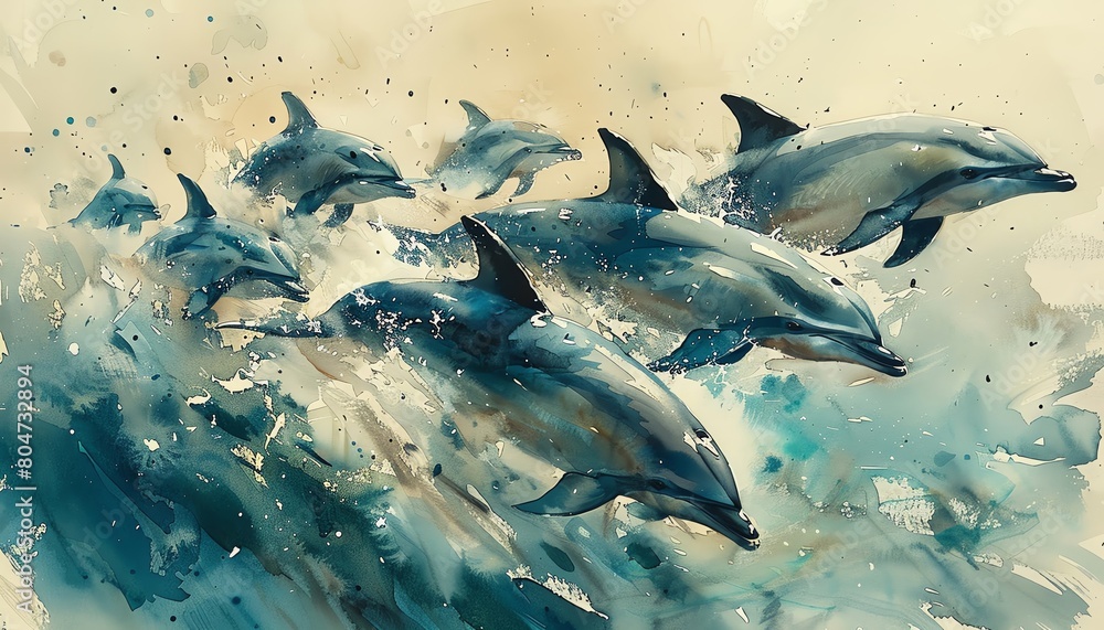 ภาพประกอบสต็อก Craft a scene of a pod of dolphins navigating the ocean ...