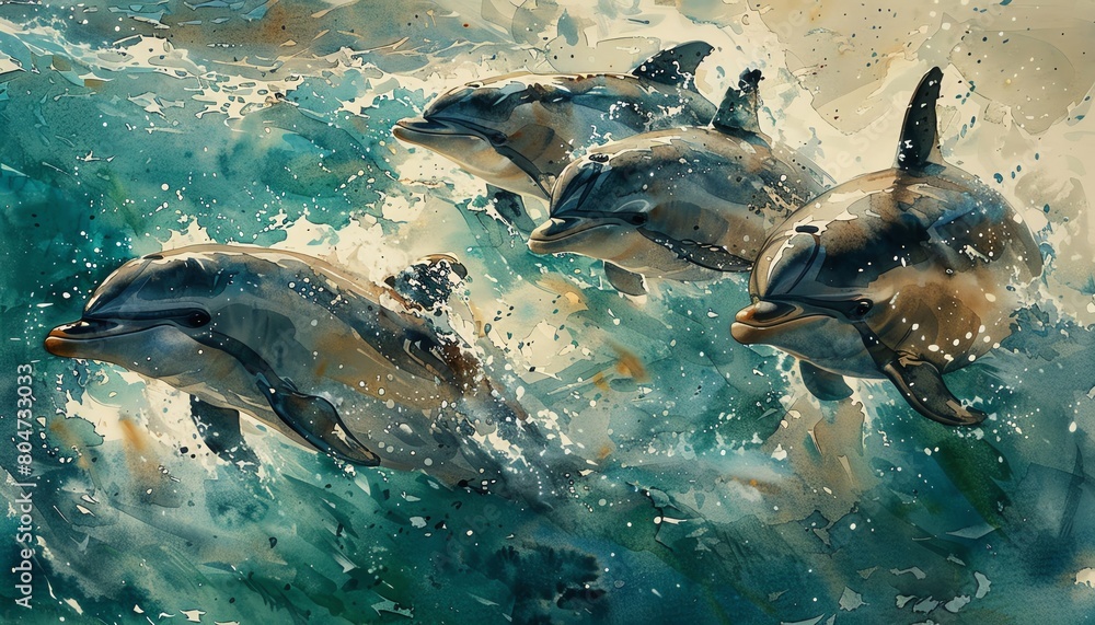 Craft a scene of a pod of dolphins navigating the ocean depths ...