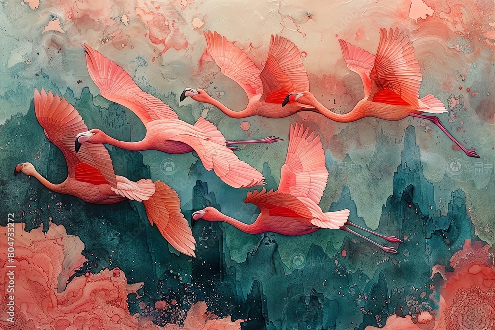 Craft a scene of vibrant flamingos soaring over a dreamlike landscape ...
