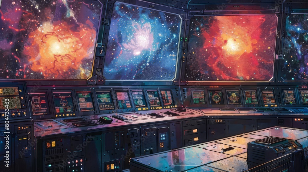 The image shows a control room of a spaceship. There are three screens ...