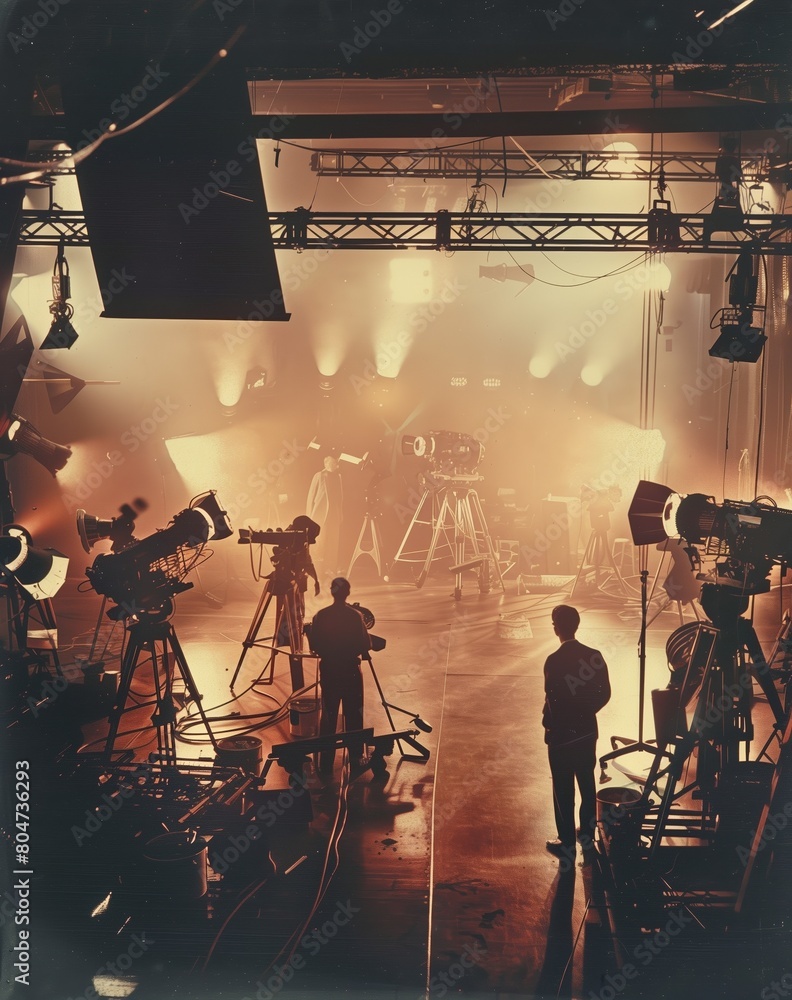 Vintage sepia indoor photograph of an early movie set with spotlights ...