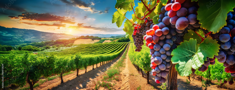Lush vineyard at sunset with rows of grapevines under a glowing sky ...