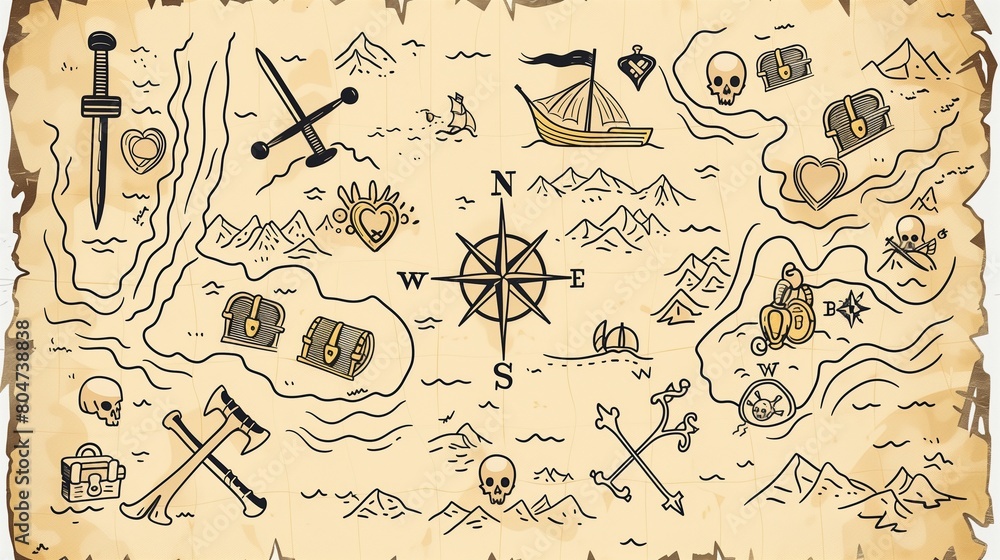 Artisanal pirate map with drawings of treasure locations, swords ...