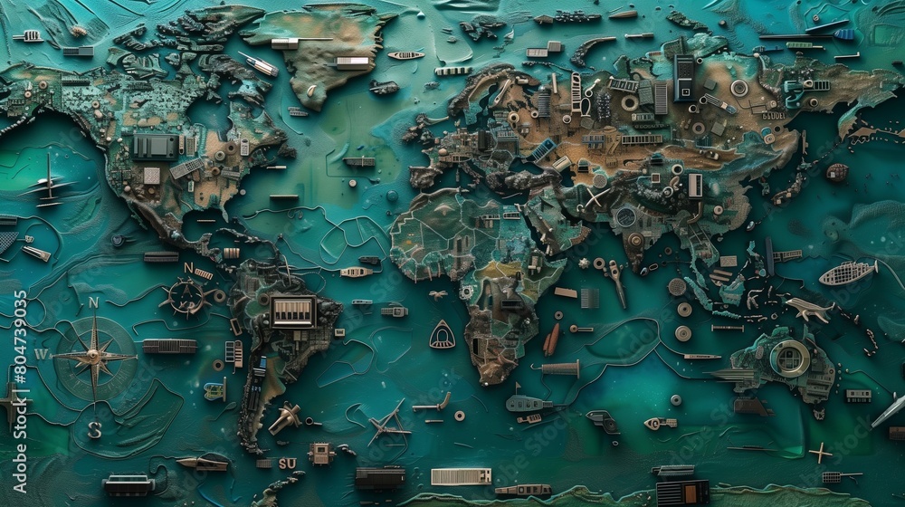 Recycled material map crafted from old electronics and plastics ...
