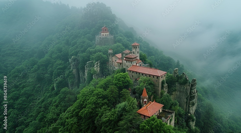Among the dense trees of the forest is the church monastery, where the ...