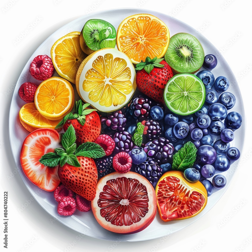 Sleek, modern plate featuring a colorful mix of exotic fruits with ...