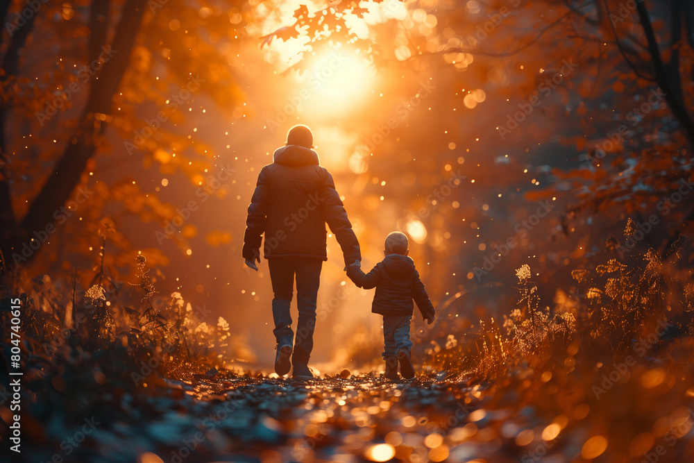 Little son, dad hold hands close up in nature in sun. Parent, kid boy ...