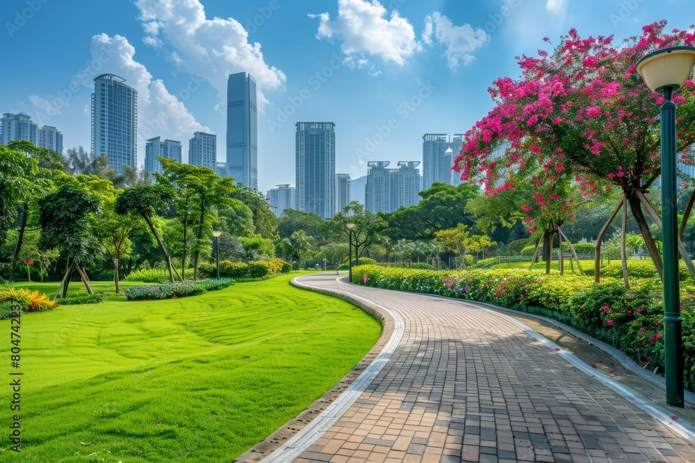 The green space of the park features grass, flowers and trees on both ...