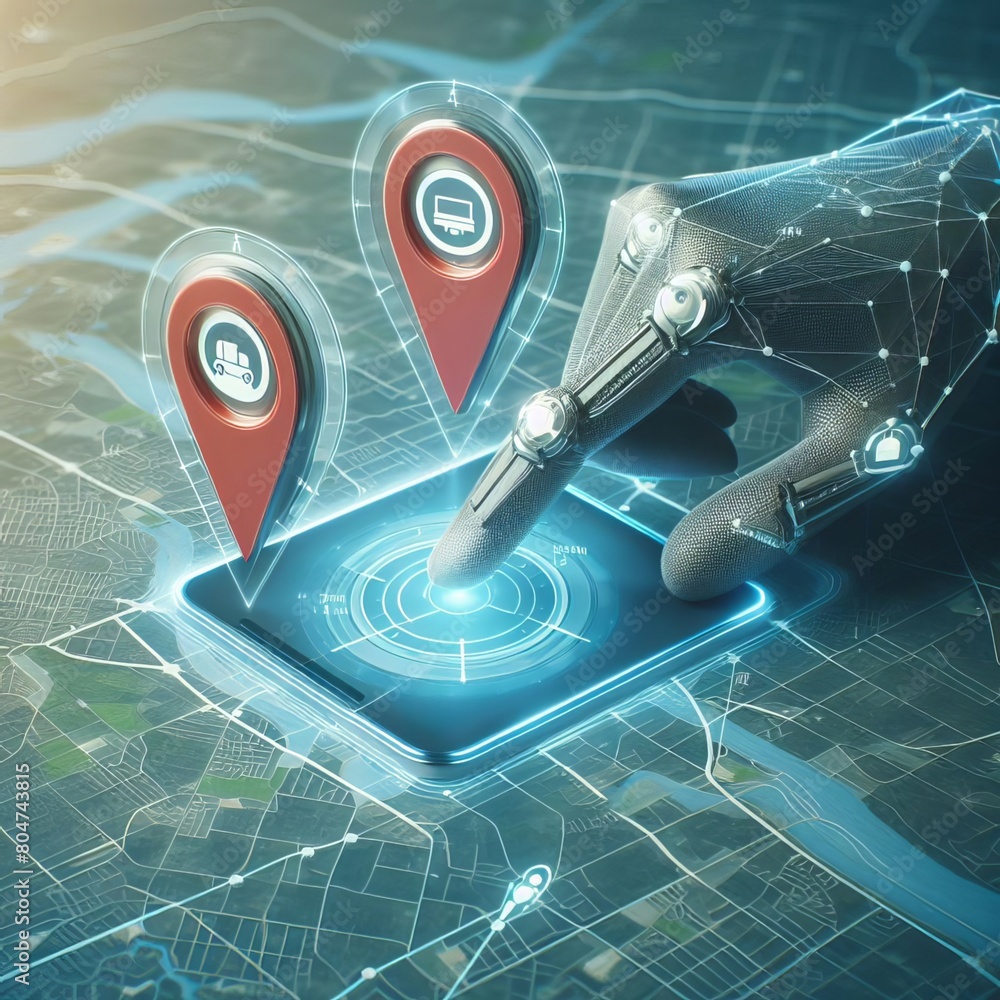Digital hand set location on map with two pins. AI technology in GPs ...