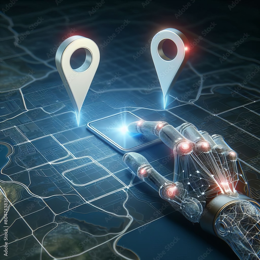 Digital hand set location on map with two pins. AI technology in GPs ...