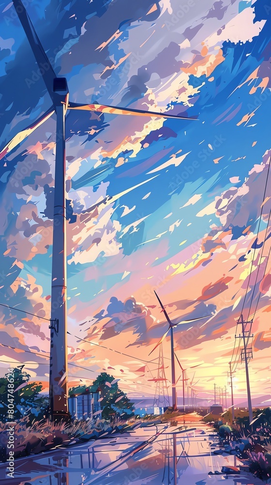 Draw scenes of renewable energy sources such as wind turbines and solar ...