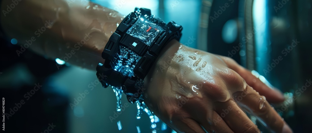 Create a cinematic still frame of a person wearing a high-tech watch ...