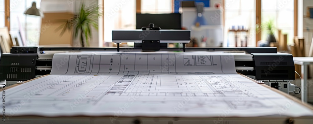 Interior of an architect's office with detailed blueprint on plotter ...