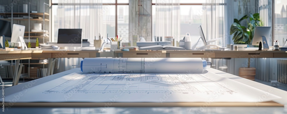 Interior of an architect's office with detailed blueprint on plotter ...