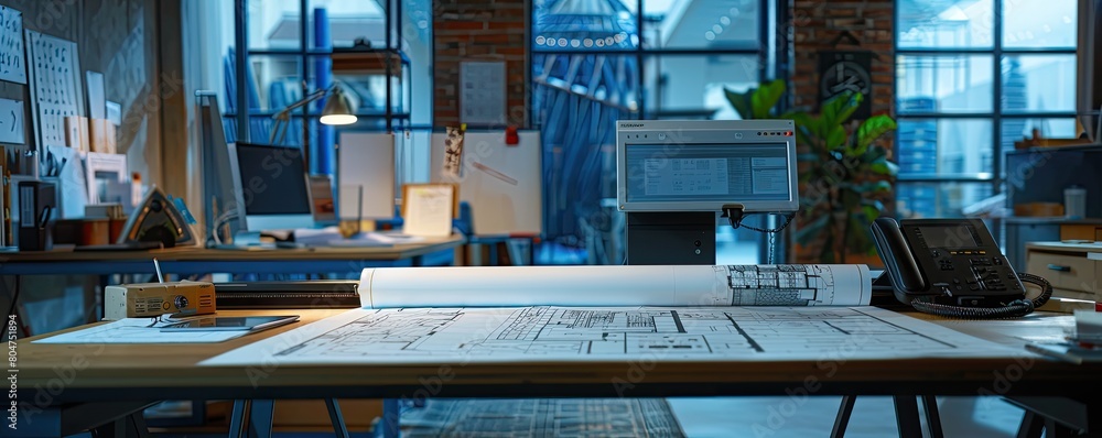 Interior of an architect's office with detailed blueprint on plotter ...