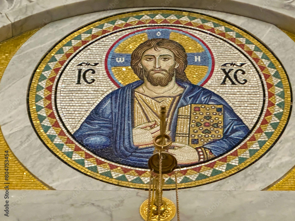 Belgrade, Serbia - November 6th 2023: Icon of Jesus Christ in a mosaic ...