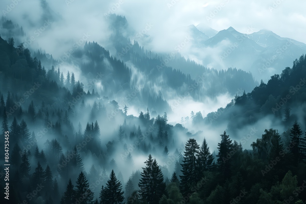 Misty forest landscape with fog gently enveloping the dense evergreen trees and distant mountain ...