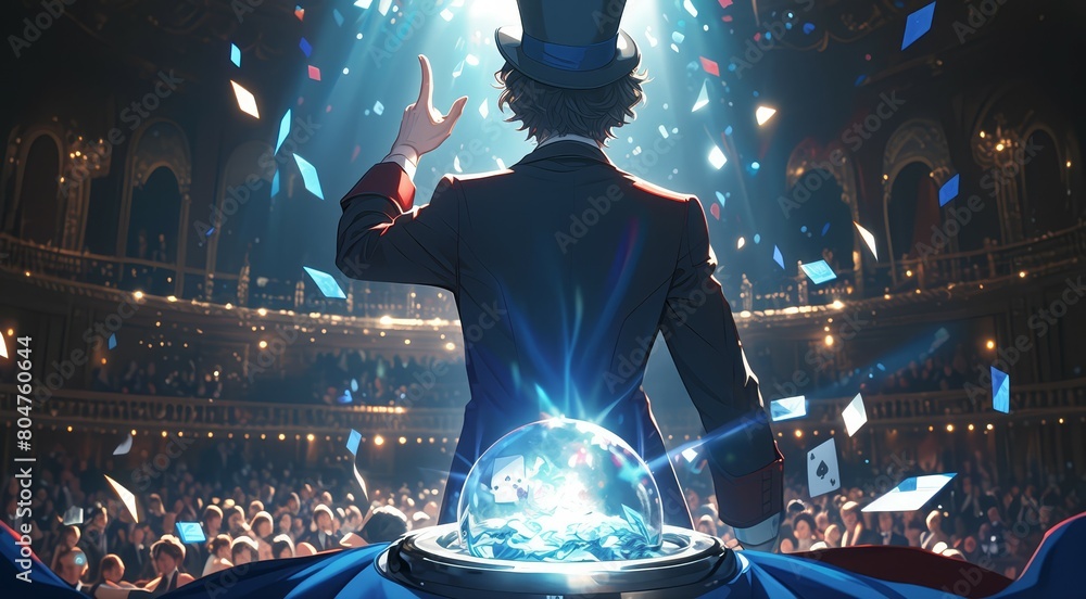 A magician is performing magic on stage, wearing top hat and red jacket ...