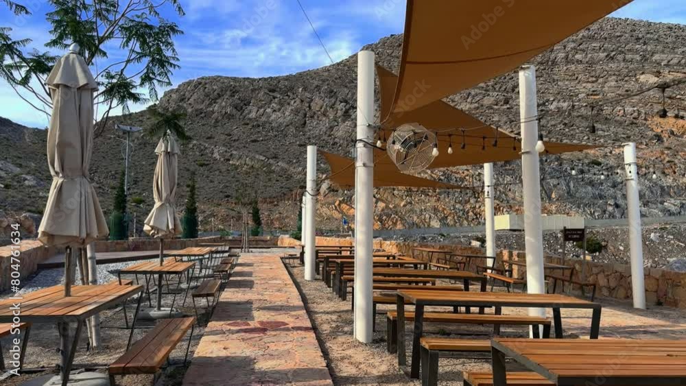 Early morning in outside traditional tavern restaurant Chairs and ...