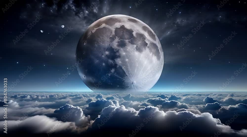 A striking image of a large, detailed full moon dominating the horizon ...