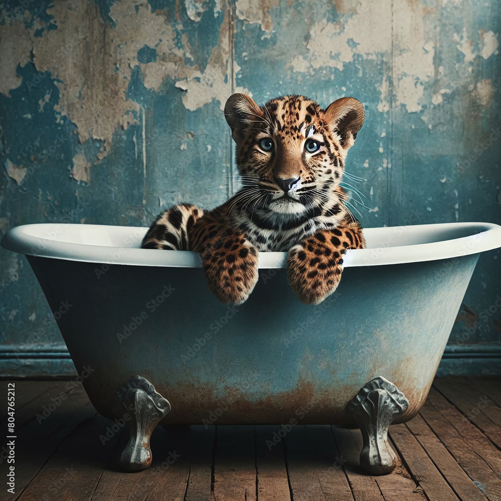 Bath Time Bliss: Cute Smiling Jaguar Relishing a Soapy Soak in a Retro ...