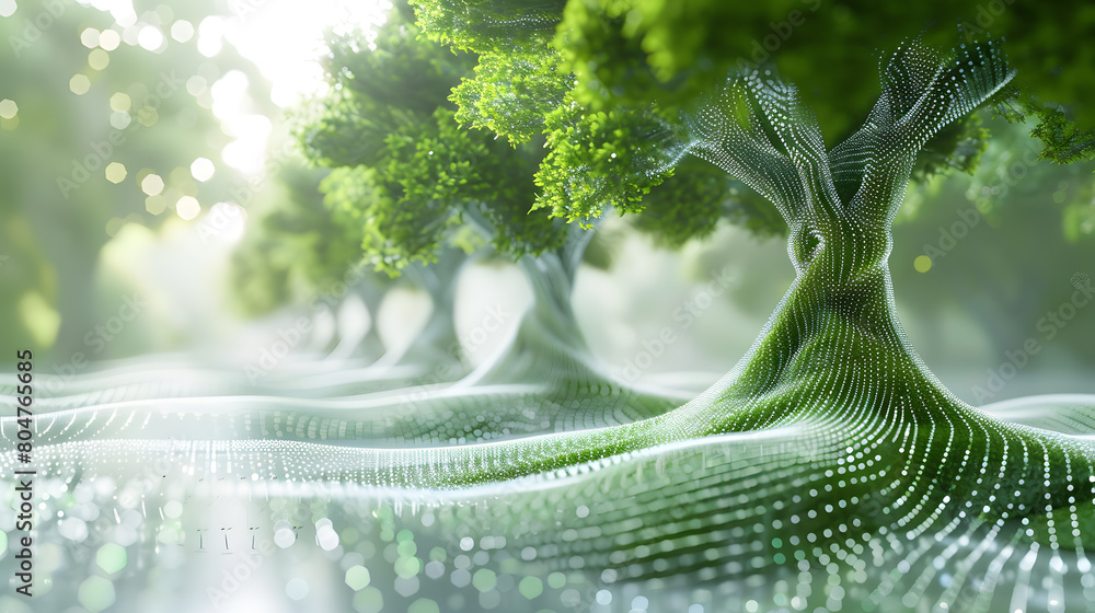 Data Cables In The Form Of Trees With Green Leafs Network Digitalization Style Big Data
